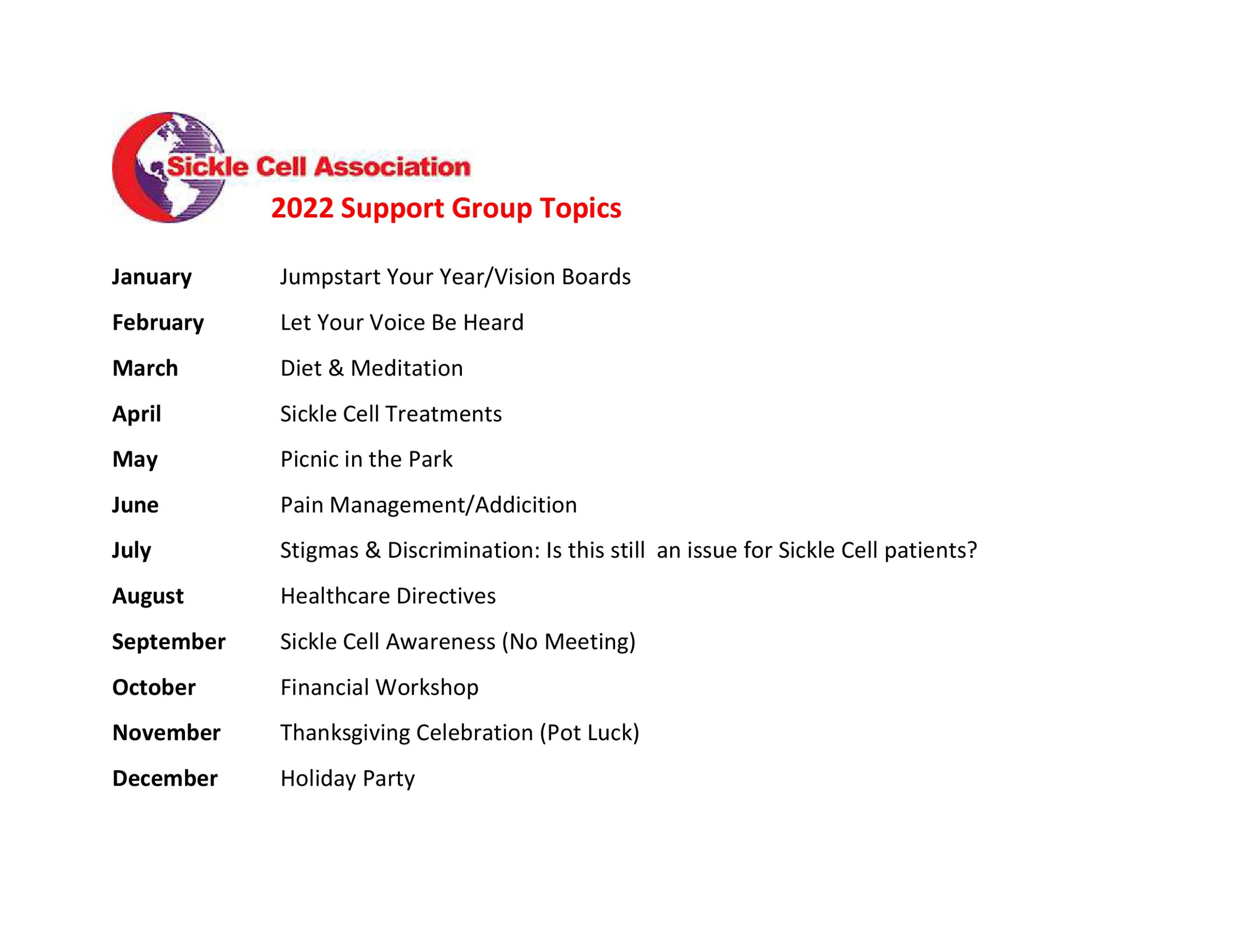SUPPORT GROUP MEETINGS - Sickle Cell Association